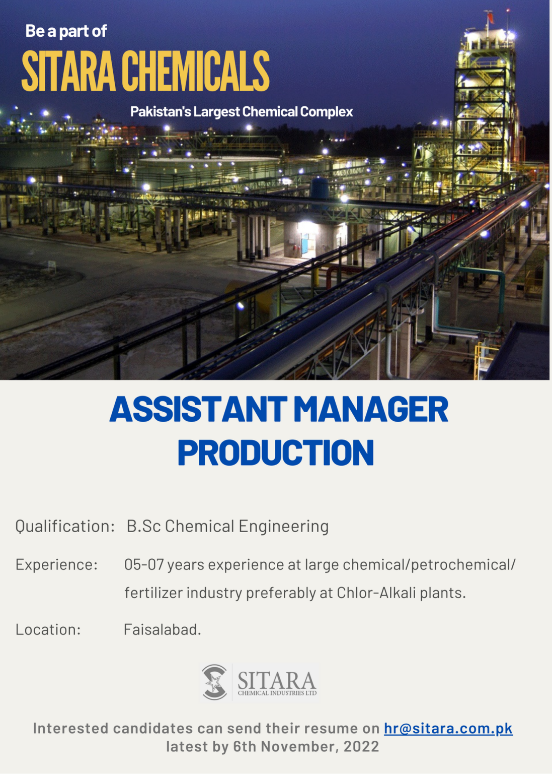 Assistant Manager Production – Sitara Chemical Industries Ltd.